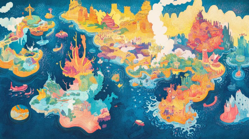 HandDrawn Archipelago Map Whimsical Islands Sailing Ships and Fantasy ...