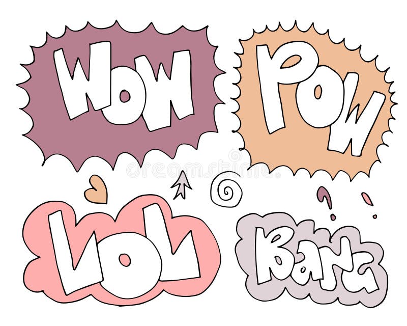 Handdrawn Arrows, Borders Set with Handwritten Text Bang, Lol, Pow, Wow ...