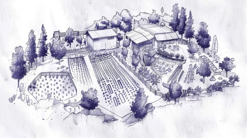 A Handdrawn Blueprint of a Permaculture Farm Layout Showcasing ...