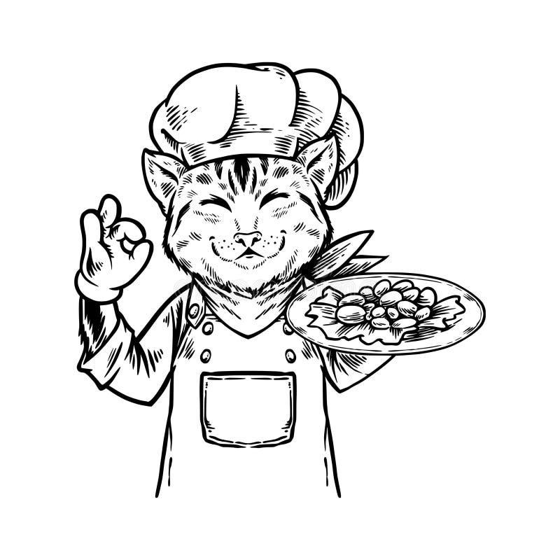 Hand-Drawn Cat Chef – Cute Cooking Character Illustration Stock ...