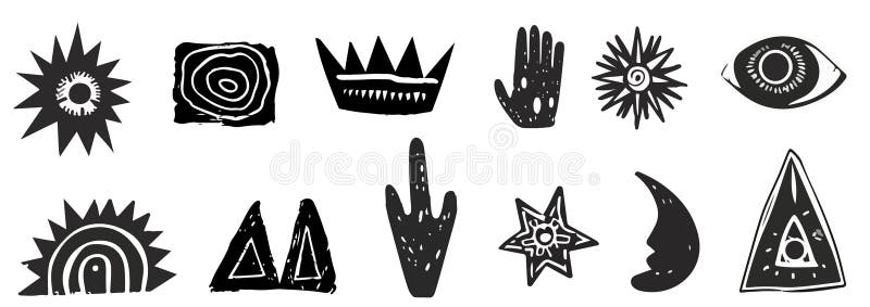 Set Grungy Punk Linocut Shapes, Retro Naive Groovy Icons. Charcoal ...