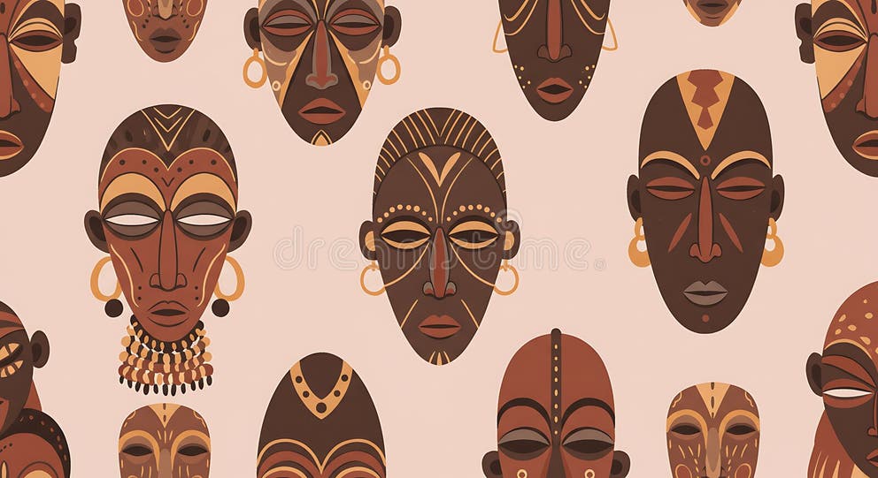 Handdrawn Illustration of Stylized African Masks Showcasing Unique ...
