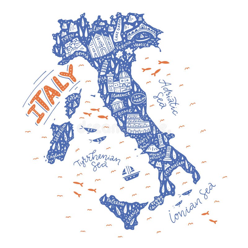 Stylized Map of Italy with Main Attractions and Landmarks. Vector ...