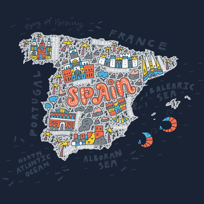 Cartoon Map of Spain. Travel Illustration with Spanish Landmarks ...