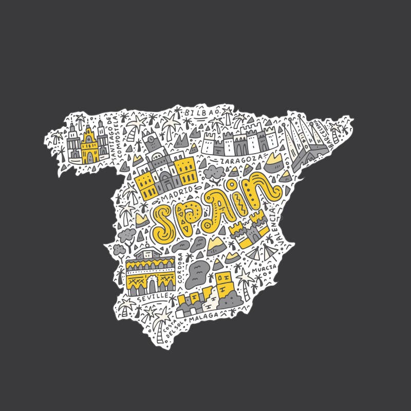Handdrawn map of Spain stock vector. Illustration of city - 97134532