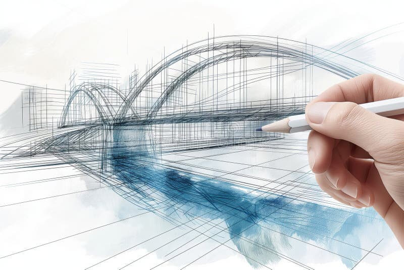 An Architect is Creating a Modern Bridge Design Sketch with a River in ...