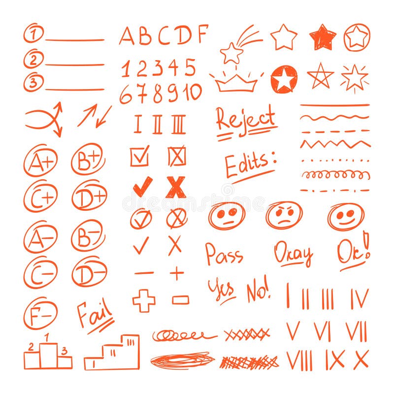 Handdrawn Red Pen Test Result Marks Set. Verification of Homework ...