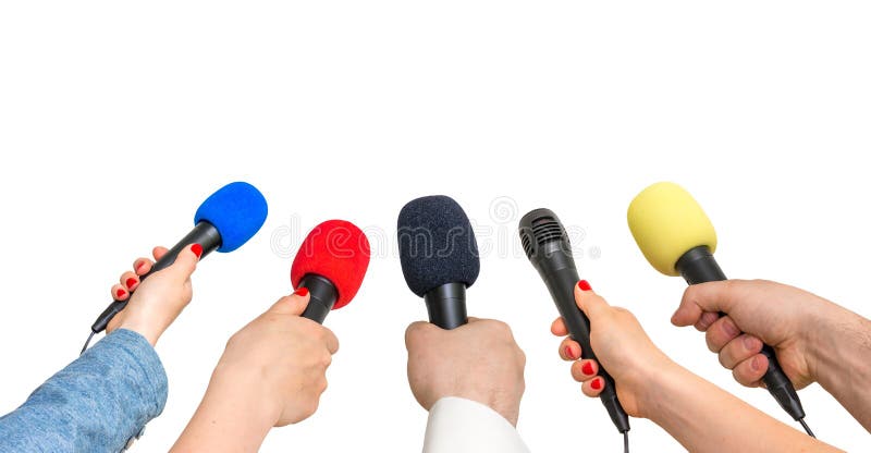 Handen Van Verslaggevers Met Vele Microfoons Stock Afbeelding - Image ...