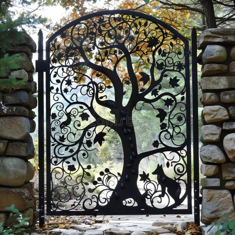 Handforged Iron Gate Tree Fox Design Leads Garden Set within Stone Wall ...