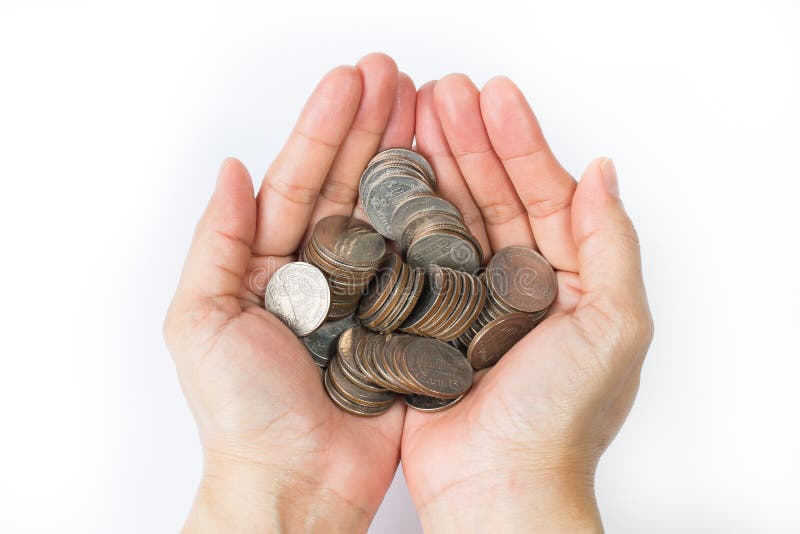 Handful With Coins In The Palm Of Hands Stock Photo - Image of dollar ...