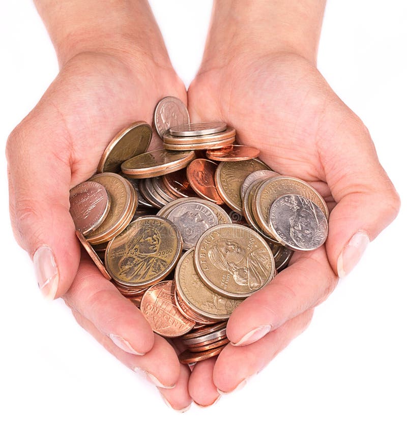 Handful with Coins in the Palm of Hands Stock Photo - Image of isolated ...