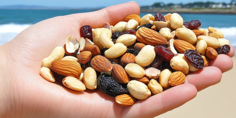 Handful of Mixed Nuts and Dried Fruits by the Beach Stock Photo - Image ...