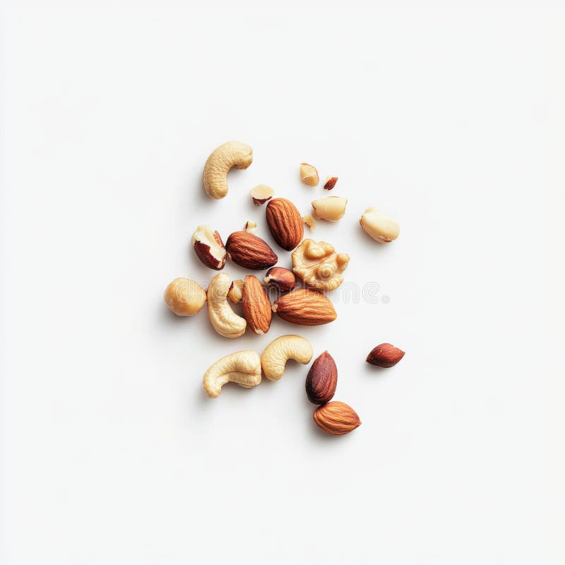 A Handful of Mixed Nuts with Visible Textures, Isolated on a White ...