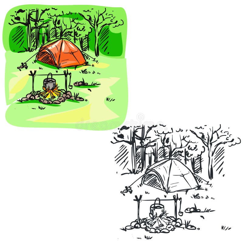 Handgetekend Landschap Met Tent En Bos. Schets. Vector Stock ...
