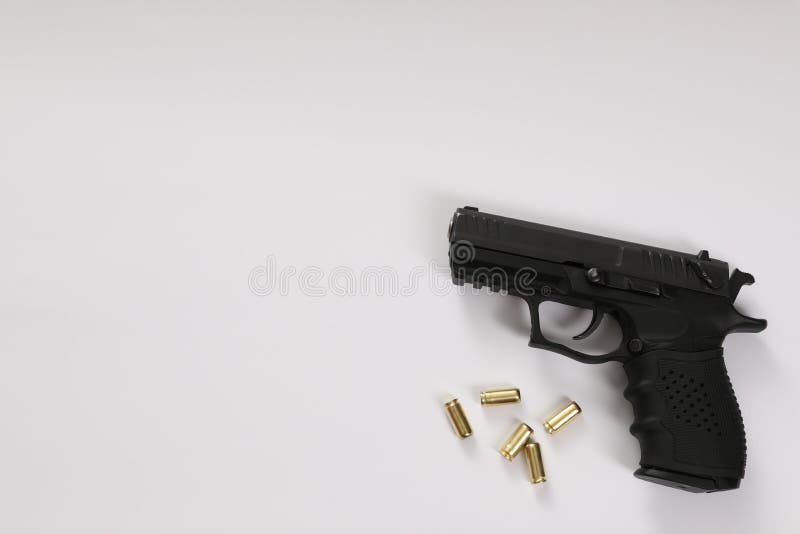 Handgun and Bullets on White Background, Flat Lay. Space for Text Stock ...