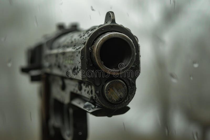 Gun Barrel Pointing Forward with Rain Falling in Background Stock Image ...