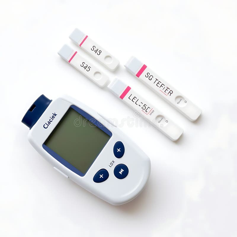A Handheld Blood Glucose Meter with Test Strips Arranged on a White ...