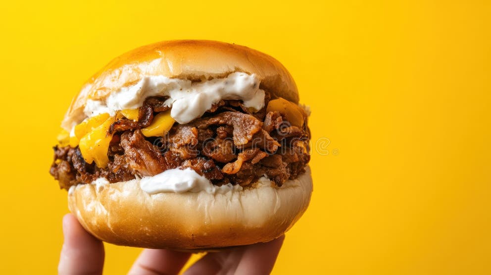 Handheld Burger on Yellow Background Stock Image - Image of cheese ...