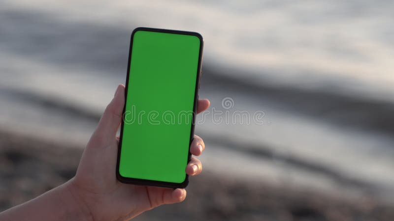 Handheld Camera: Back View of Brunette Holding Chroma Key Green Screen ...