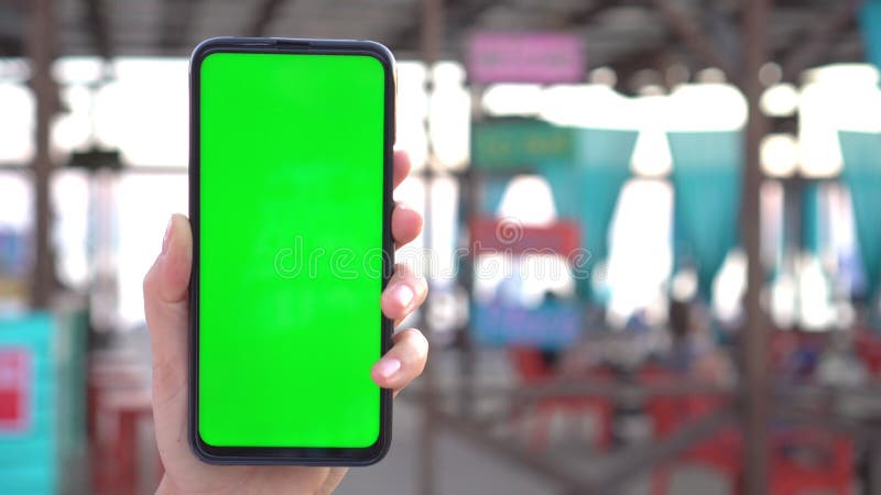 Handheld Camera: Back View of Brunette Holding Chroma Key Green Screen ...