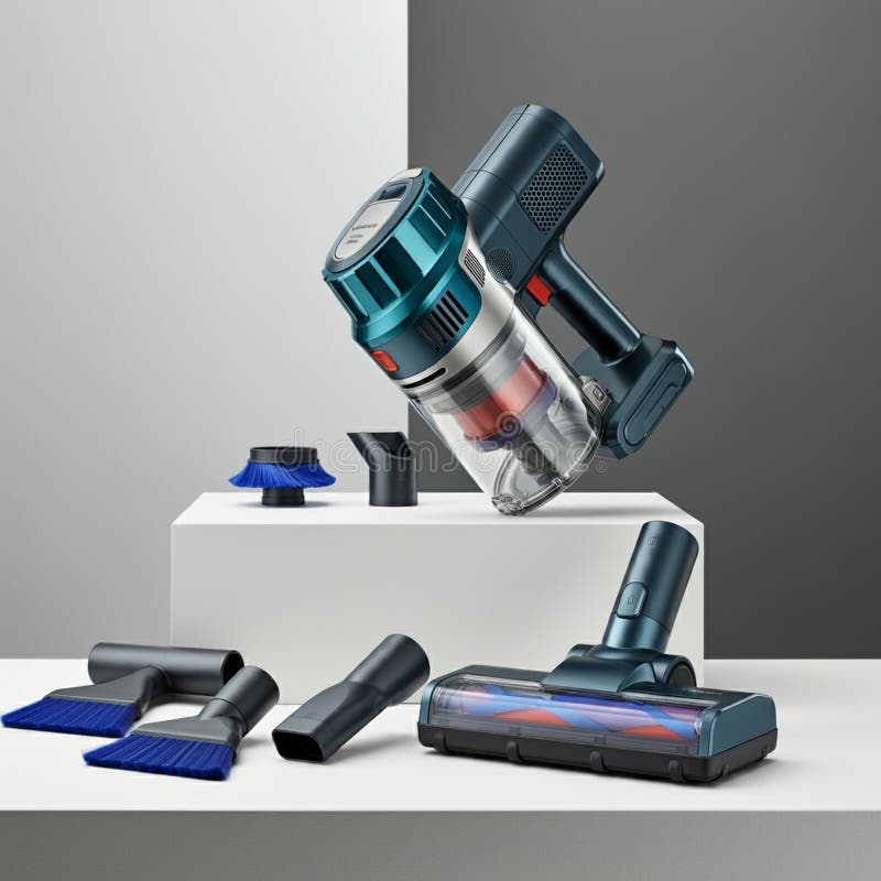 Handheld Cordless Vacuum Cleaner Displayed with Various Attachments ...