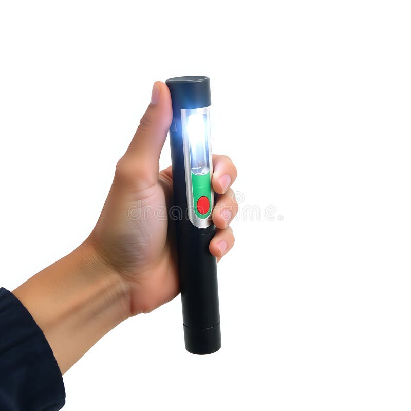 A Handheld Medical Penlight with a Bright LED Bulb Displayed on a Plain ...