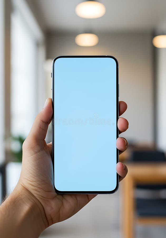 HandHeld Modern Smartphone with Light Blue Screen in Bright ...