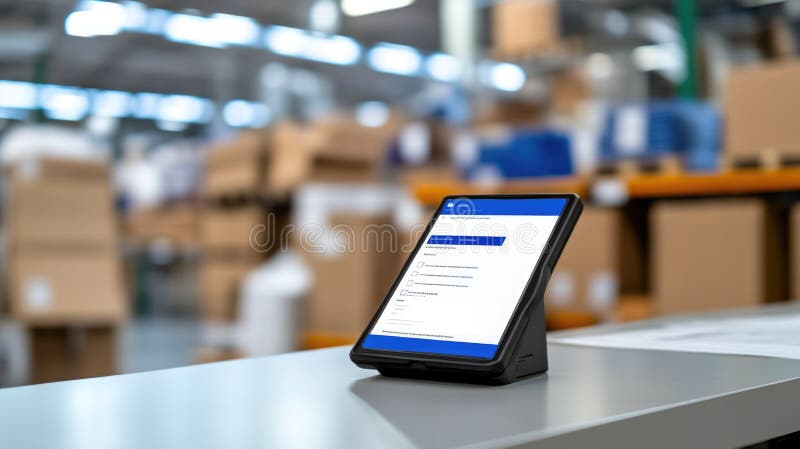 Handheld Scanner Displaying Shipping Information in Warehouse. Stock ...