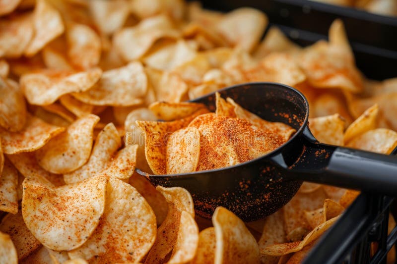 Handheld Scooper Taking Samples from a Bin of Seasoned Chips Stock ...