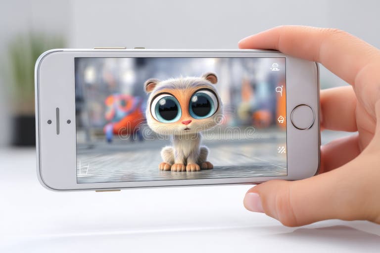 Smartphone Displays Virtual Pet App with Animated Creature Interacting ...