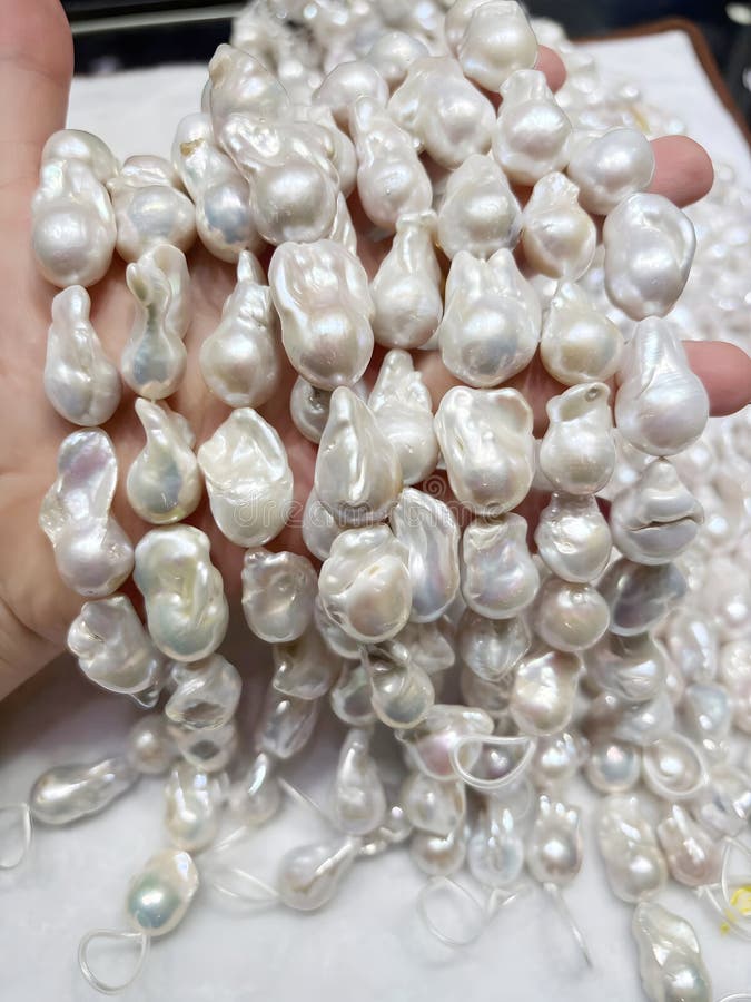 Handholding Multiple Irregular White Freshwater Pearls Strand Stock ...