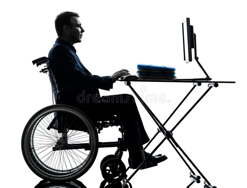 Handicapped Man Computing Laptop Computer in Wheelchair Silhoue Stock ...