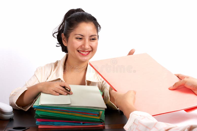 Woman handing over paper stock image. Image of signature - 7626823