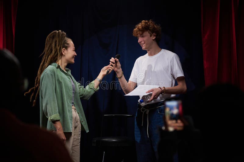 Handing Microphone Stage Performance Interaction Stock Photos - Free ...