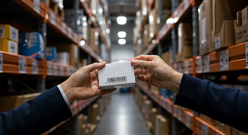 Handing Over Package with Barcode in Warehouse Setting for Distribution ...