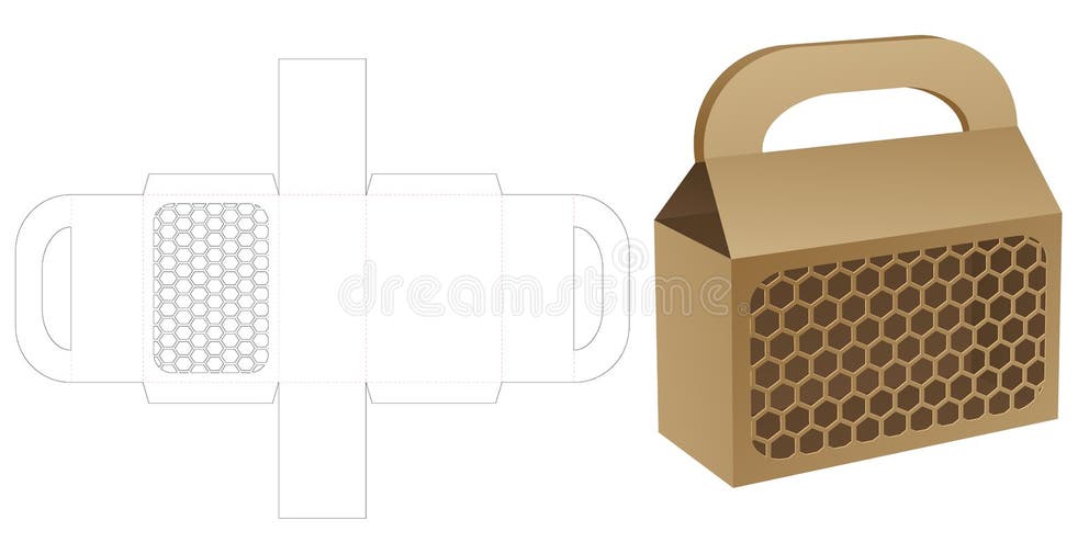 Handle Bag Box with Hexagonal Pattern Die Cut Template and 3D Mockup ...