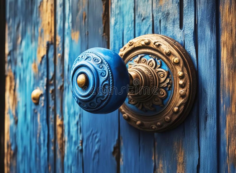 Handle on Blue Old Wooden Door. AI Generated Stock Illustration ...