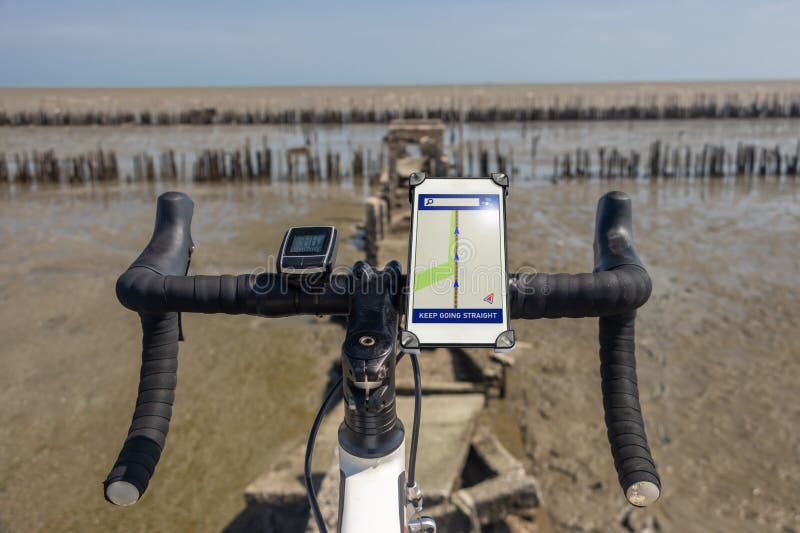 The Handlebars of Bicycle with Incorrect Navigation Standing on the ...