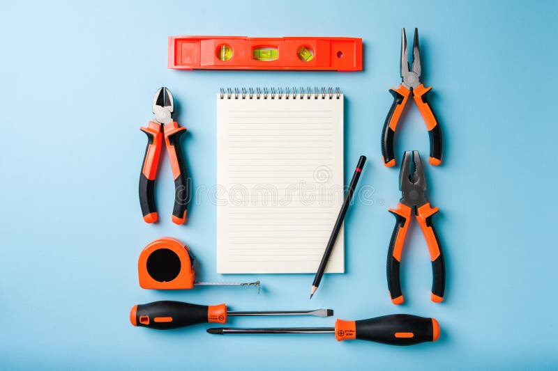 Handled Tools or Construction Tools on Blue Background with Blank ...