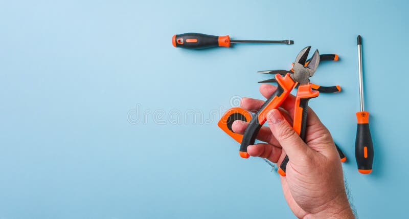 Handled Tools or Construction Tools on Blue Background Stock Photo ...