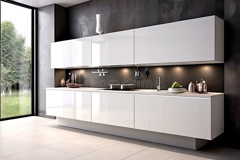 Handleless Cabinets Glossy White Cabinets with Push To Open Mech Stock ...