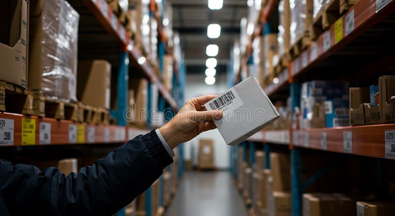 Handling Box with Barcode in Warehouse for Inventory or Distribution ...