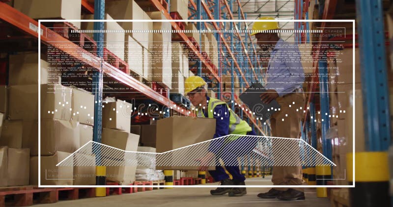 Handling Boxes in Warehouse, Workers with Data Processing Animation ...