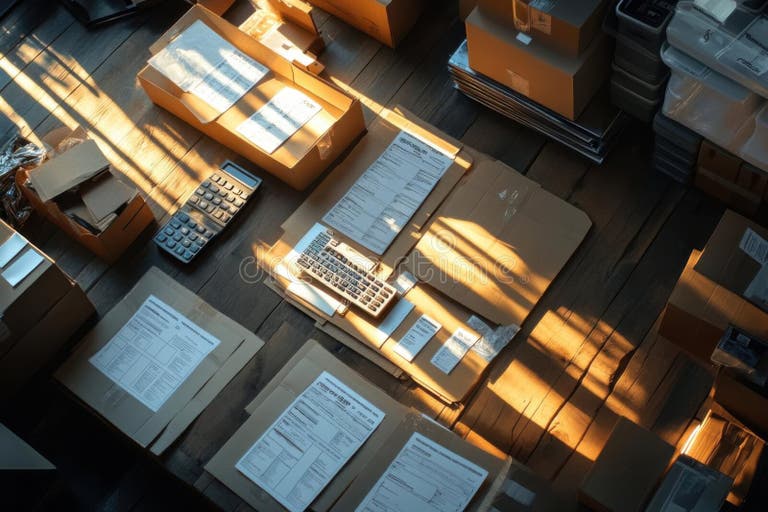 Handling Cardboard Boxes with Invoice Documents and Calculator on Floor ...
