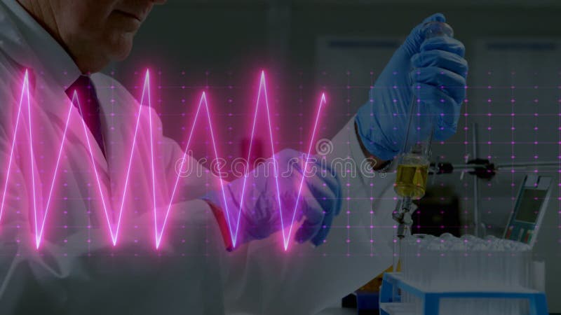 Handling Liquid Samples, Scientist in Lab with Pink Waveform Animation ...