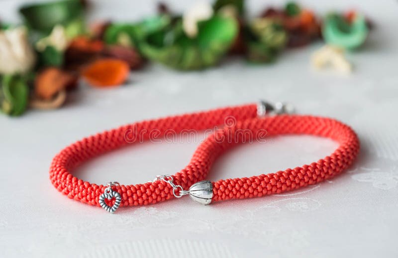 Handmade Beaded Necklace Red Color Stock Photo - Image of beautiful ...