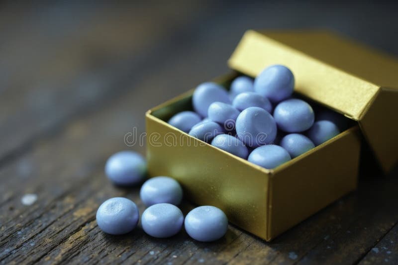 Handmade Blue Candies in a Gold Box on a Wooden Table, Candies, Present ...