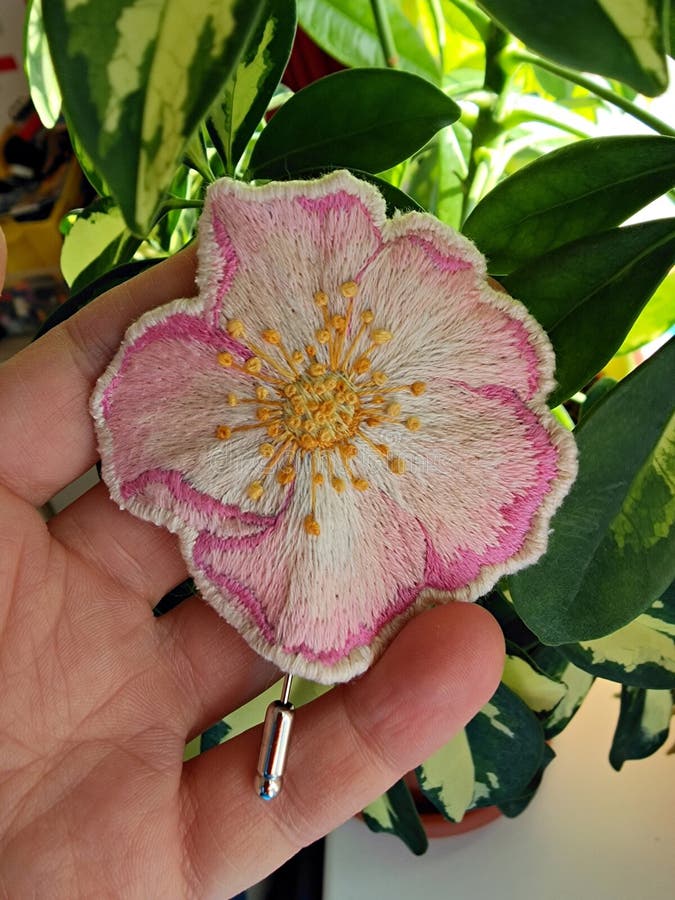 Handmade Brooch Embroidered with Spring Flowers - Pink Wild Rose Stock ...