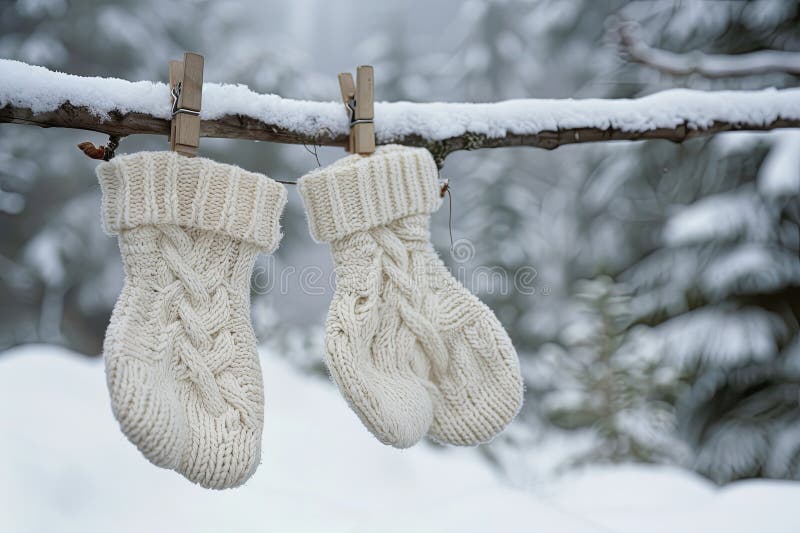 Handmade Cable-knit Mittens Hanging on Rustic Clothesline in Snowy ...