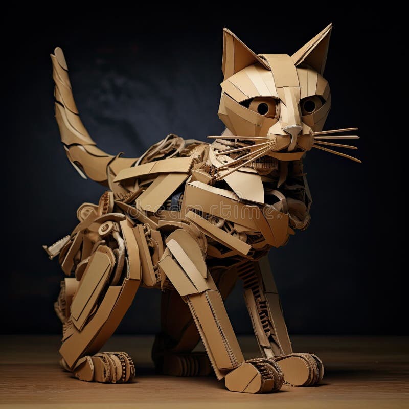 Handmade Cardboard Cat Crafted with Strips of Shimmering Gold Paper, AI ...